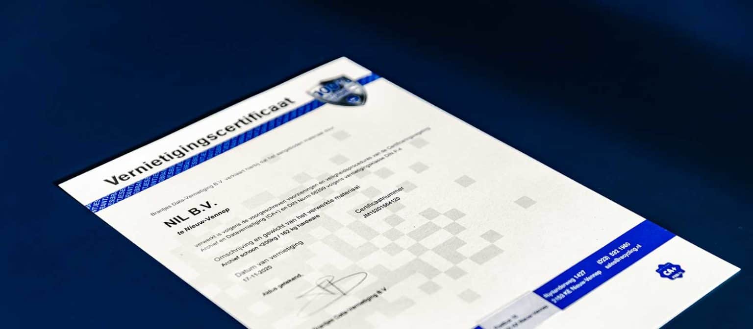 Vernietigingscertificaat van CA+ gecertificeerde vernietiging